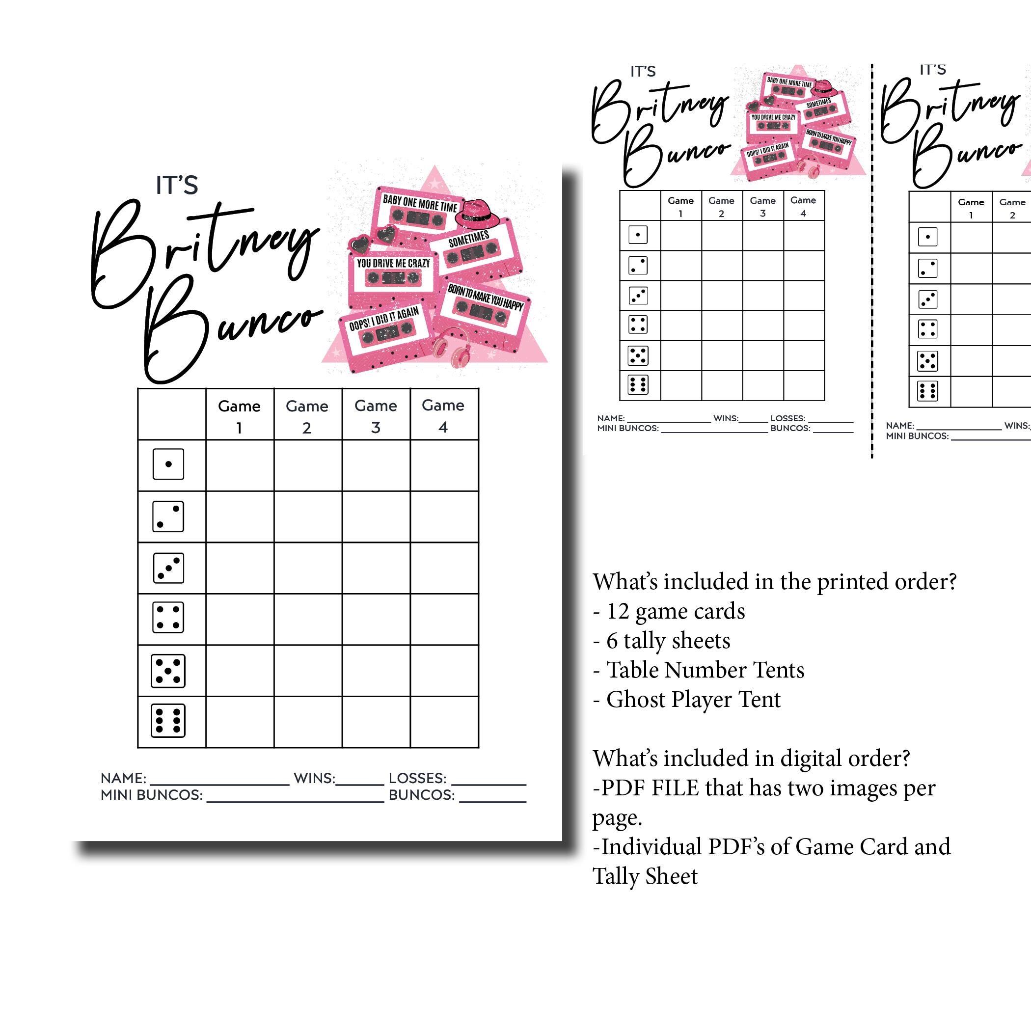 Y2K Britney Bunco Set: Printable Score Cards & Tally Sheets (instant ...