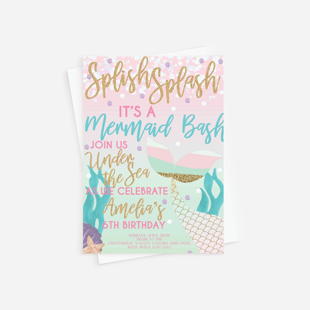 Splish Splash Mermaid Bash Invitation, Mermaid Birthday Invitation ...