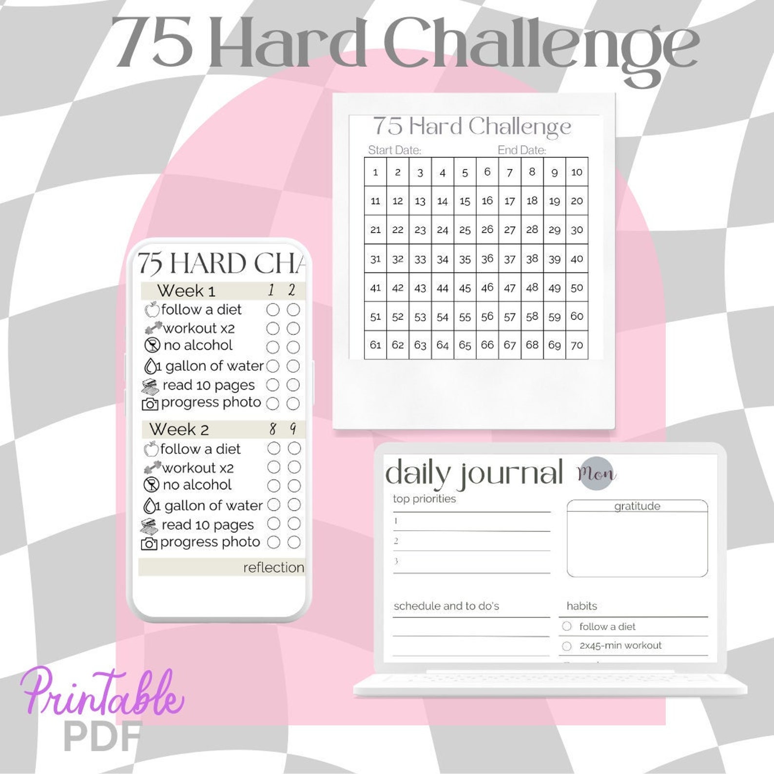 75 Hard Challenge Printable 75 Day Hard Challenge Template Workout Plan ...
