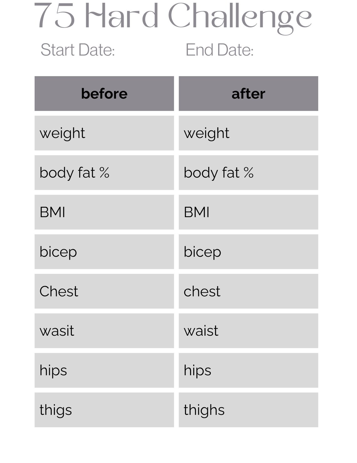 75 Hard Challenge Printable 75 Day Hard Challenge Template Workout Plan ...