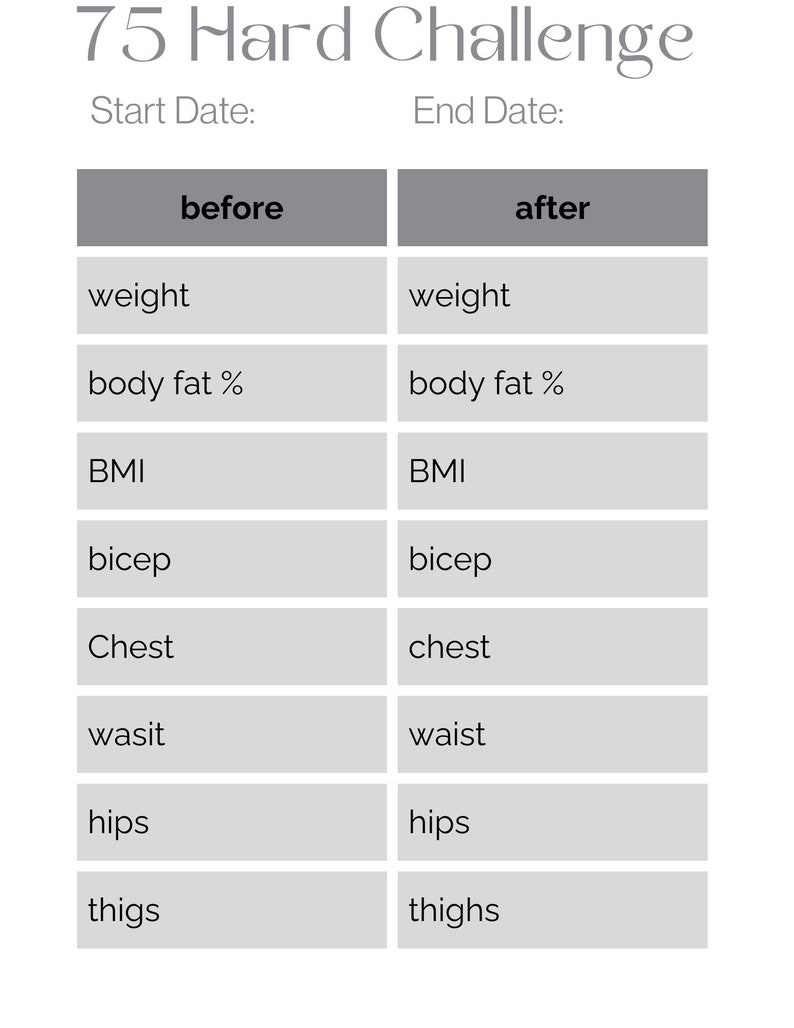 75 Hard Challenge Printable 75 Day Hard Challenge Template Workout Plan ...