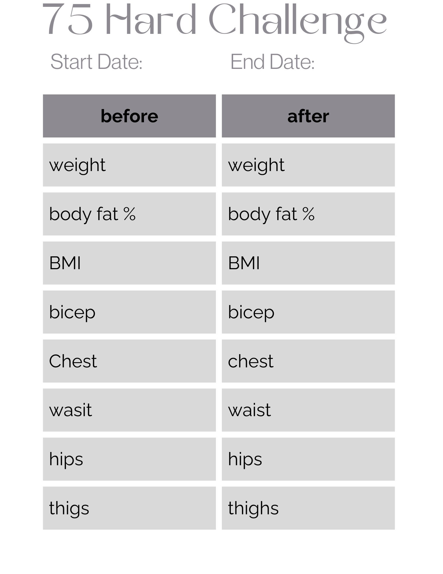 75 Hard Challenge Printable 75 Day Hard Challenge Template Workout Plan ...