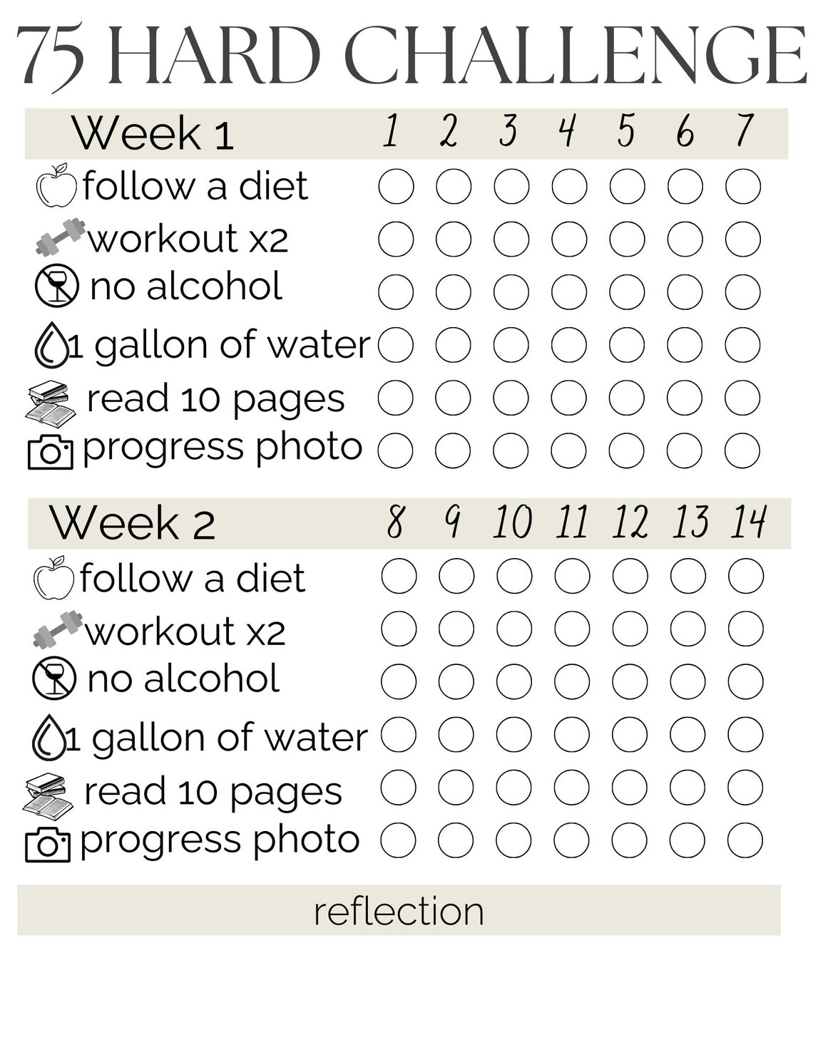 75 Hard Challenge Printable 75 Day Hard Challenge Template Workout Plan ...