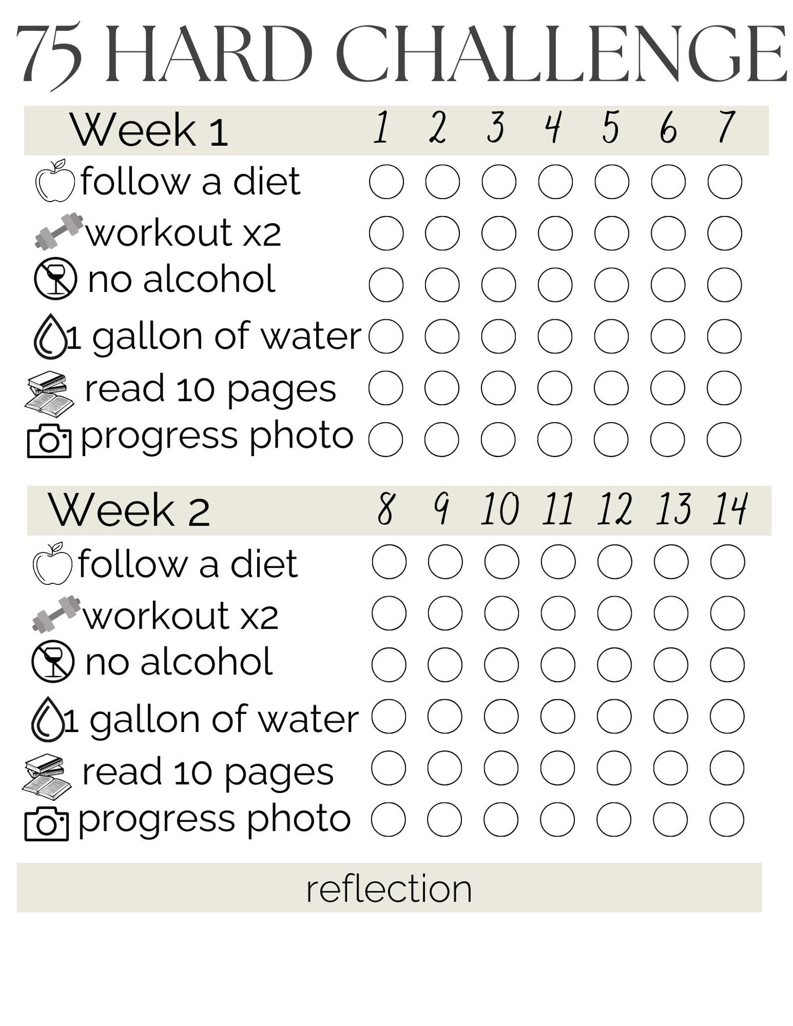 75 Hard Challenge Printable 75 Day Hard Challenge Template Workout Plan ...