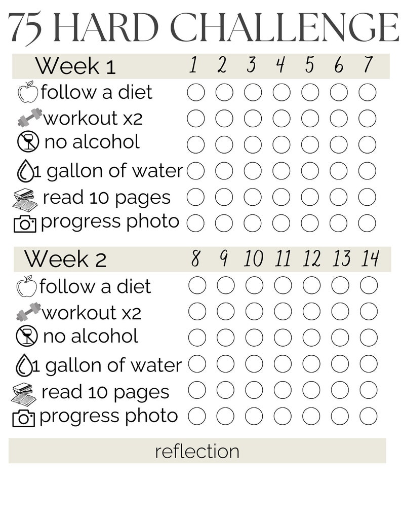 75 Hard Challenge Printable 75 Day Hard Challenge Template Workout Plan ...