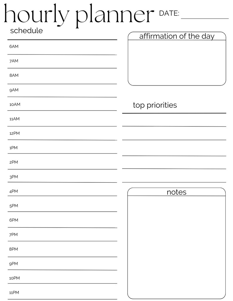Hourly Planner Printable Hours Planner Daily Schedule Hourly Journal ...