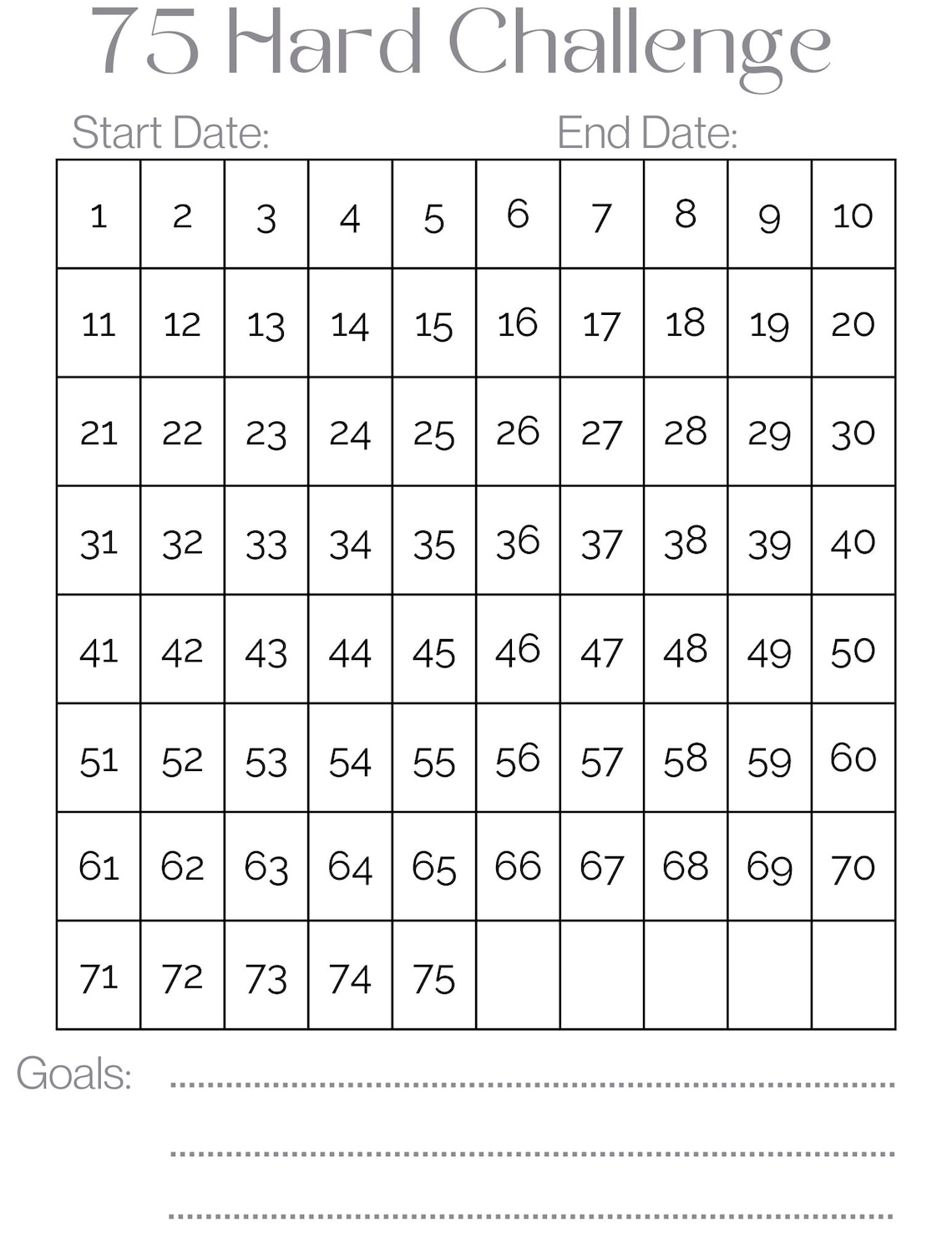 75 Hard Challenge Printable 75 Day Hard Challenge Template Workout Plan ...