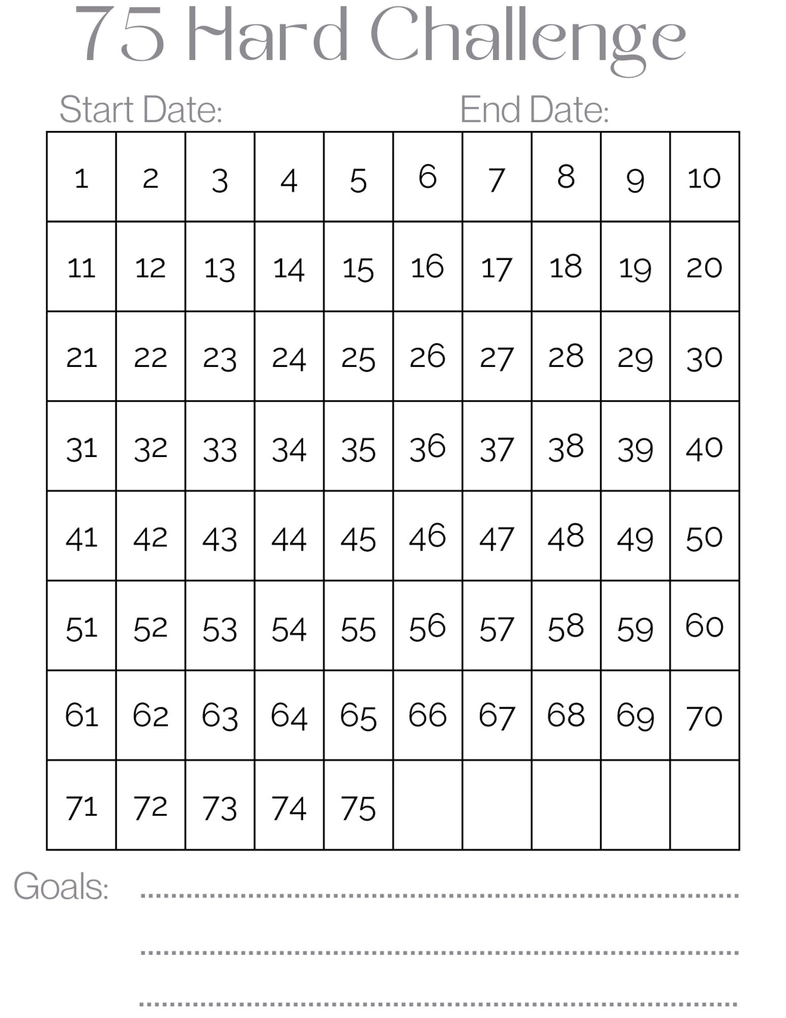 75 Hard Challenge Printable 75 Day Hard Challenge Template Workout Plan ...