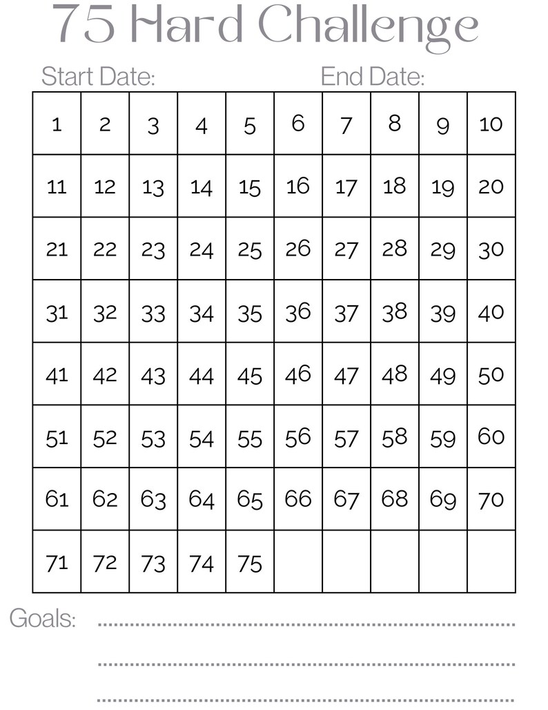 75 Hard Challenge Printable 75 Day Hard Challenge Template Workout Plan ...