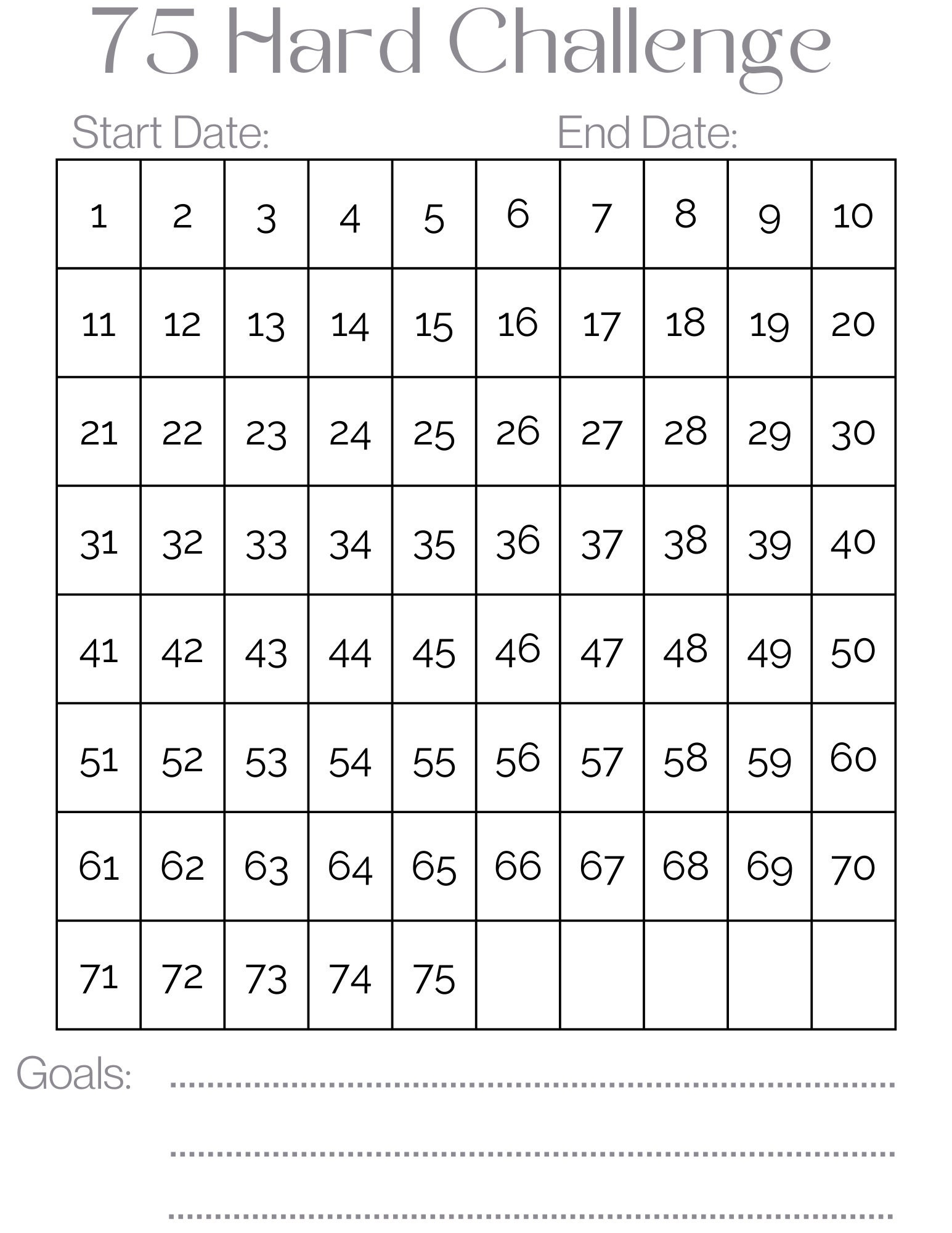 75 Hard Challenge Printable 75 Day Hard Challenge Template Workout Plan ...