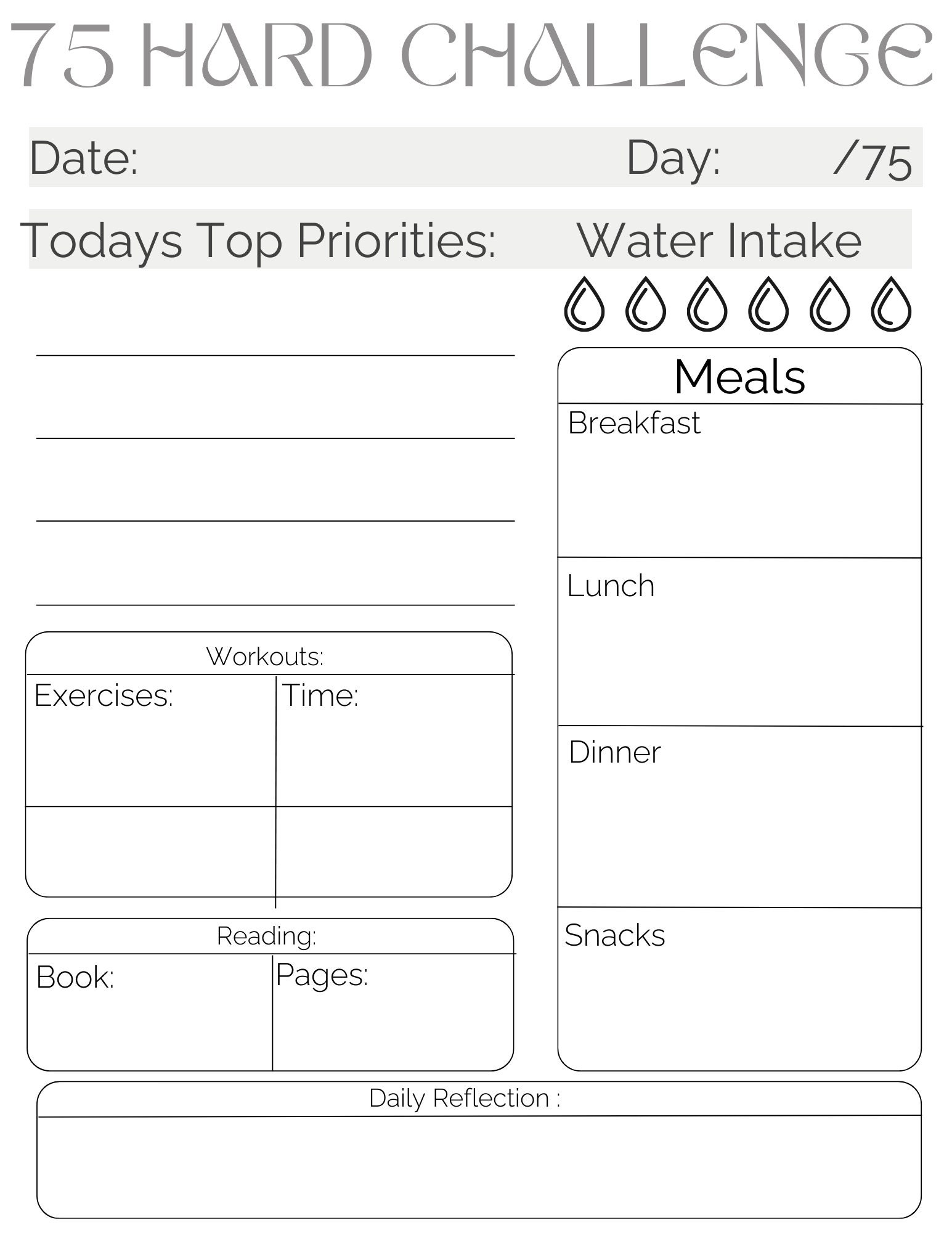 75 Hard Challenge Printable 75 Day Hard Challenge Template Workout Plan ...