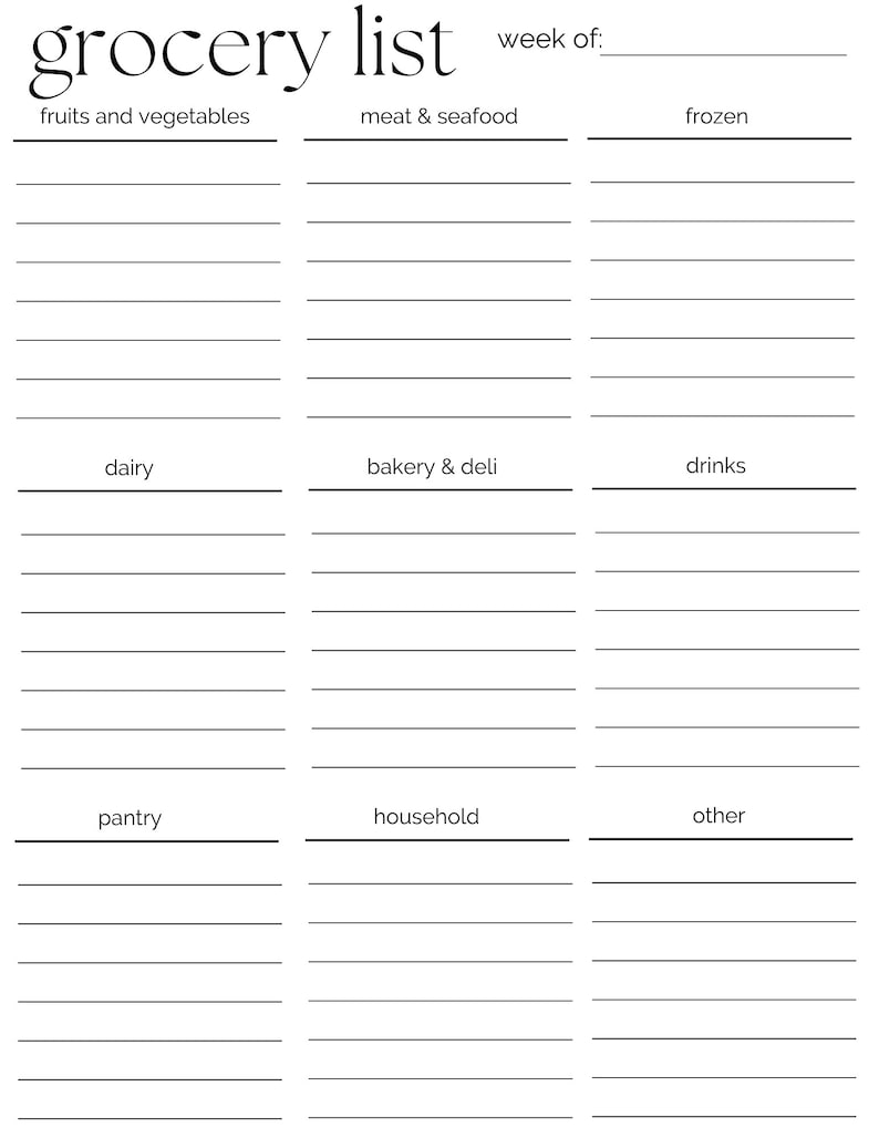 Grocery List Printable PDF Blank Grocery List Fillable Grocery List ...