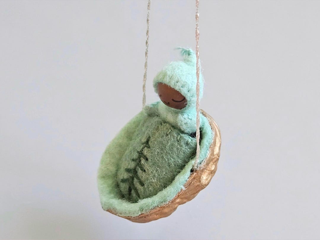 Walnut Shell Christmas Ornament With Tiny Baby in Candy Mint and Gold ...