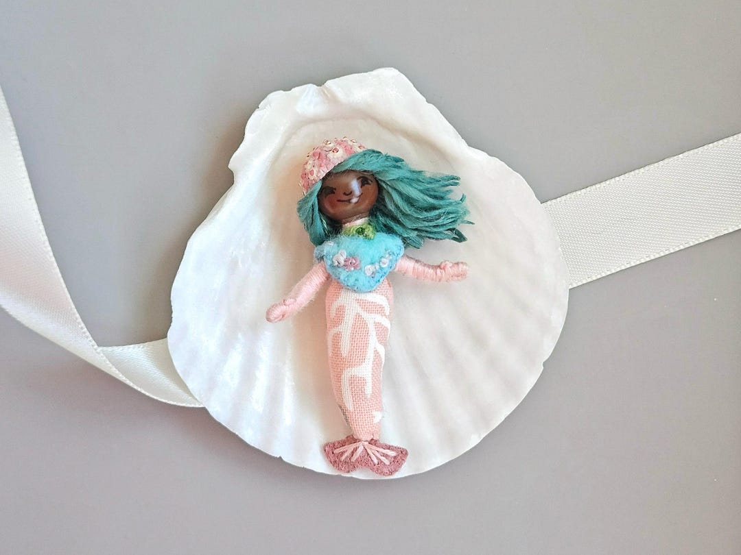 Mini Mermaid Art Doll With Scallop Shell - 2 1/4 Inch Bendy Doll - Dark ...