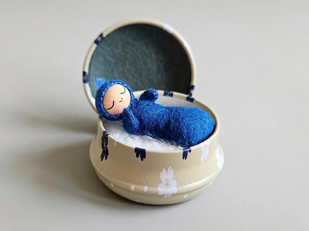 Tiny Baby in 1 1/2 Inch Tin With Lid - Doll in Blue Felt Inside Sage ...