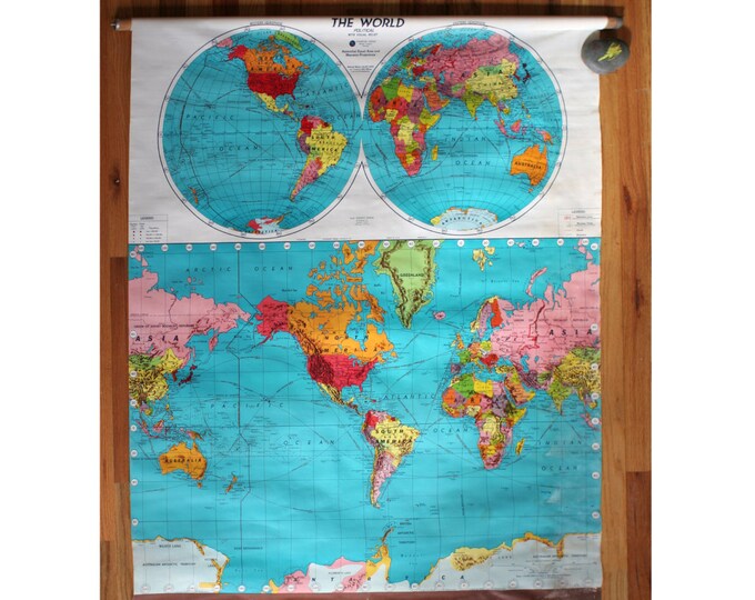 Vintage School Map, Classroom Canvas Chart, World Map, Bright Colors - Etsy