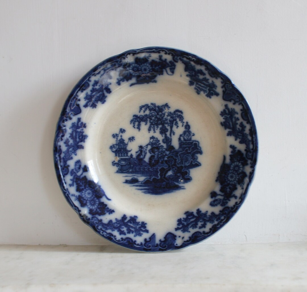 Antique Scinde Flow Blue Soup Bowl, Large Blue Willow Transfer ...