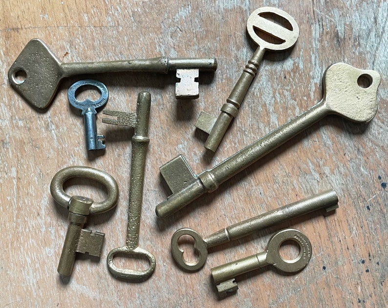 Antique Skeleton Keys, Lot of 8, Solid Brass, Metal, Original Old ...