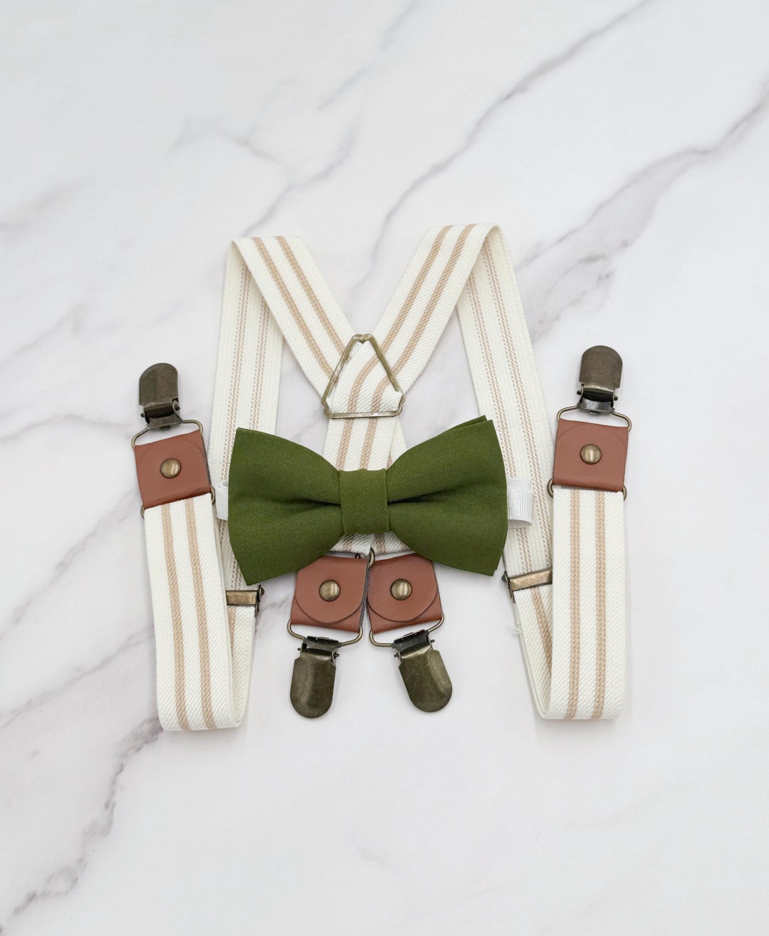 Olive Bow Tie & Pinstripe Suspenders | Ring Bearer Outfit | Ivory Boho ...