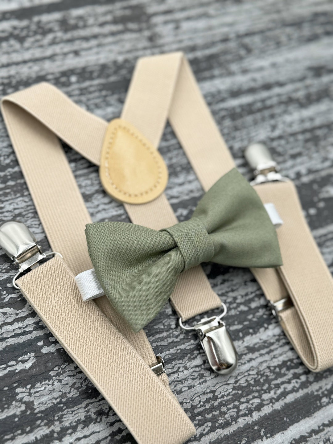 Moss Bow Tie & Suspenders Champagne Braces Pocket Square Ring Bearer ...