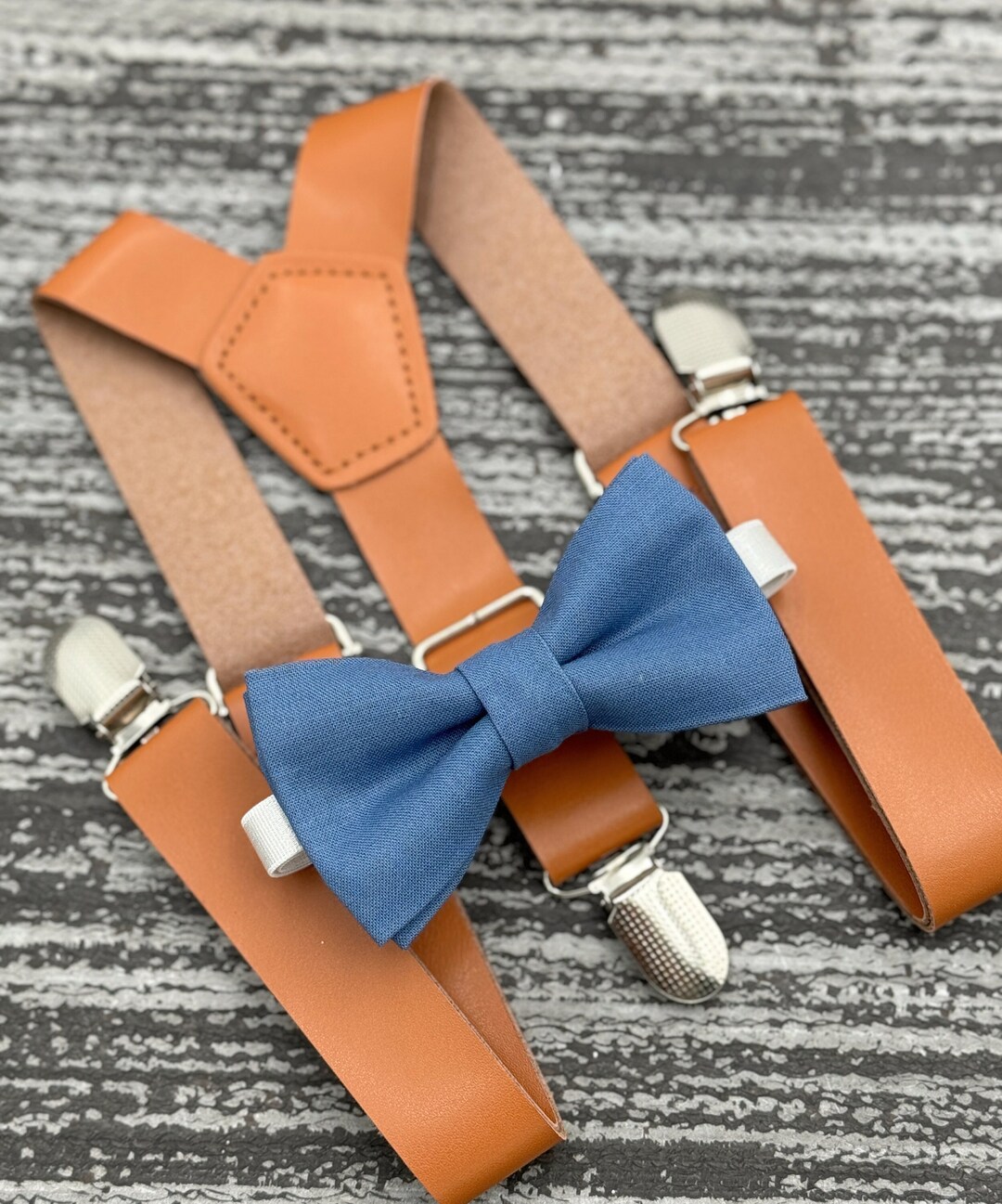 Dark Steel Bow Tie & Rust Brown Leather Suspenders , Ring Bearer Boy's ...