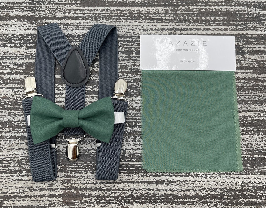 Dark Eucalyptus Bowtie & Suspenders | Charcoal Gray Braces | Pocket ...