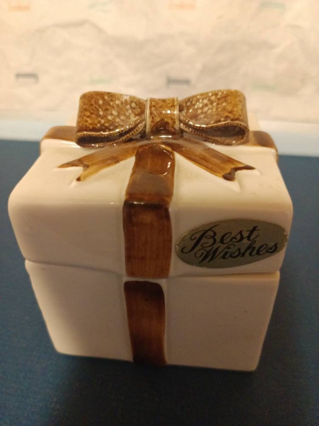 White Ceramic Unhinged Square TRINKET BOX With Brown Ribbon and Bow ...