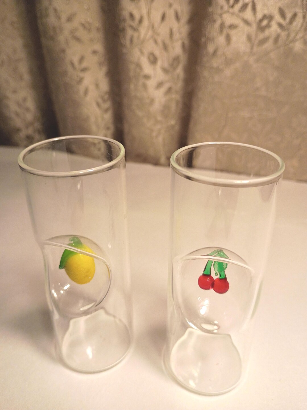 VINTAGE VIOL GLAS (2) Hand Blown 3D Fruit-cherries/lemon Cordial ...