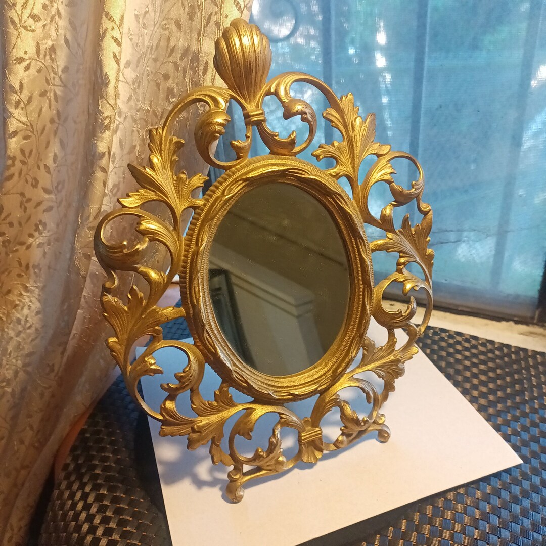 Antique 1910 Gold Gilt Cast Iron Rococo Oval Tabletop Beveled Mirror ...