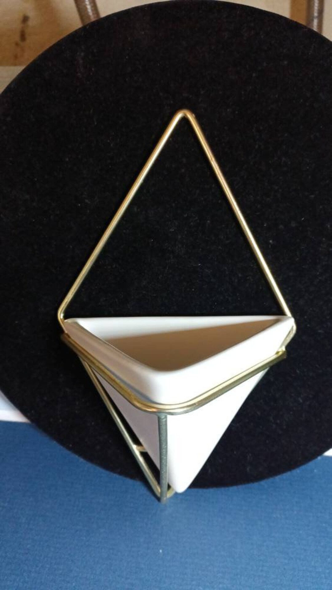 Triangle Ceramic Inserted Into Gold Tone Metal Frame - (2) WALL VASES ...