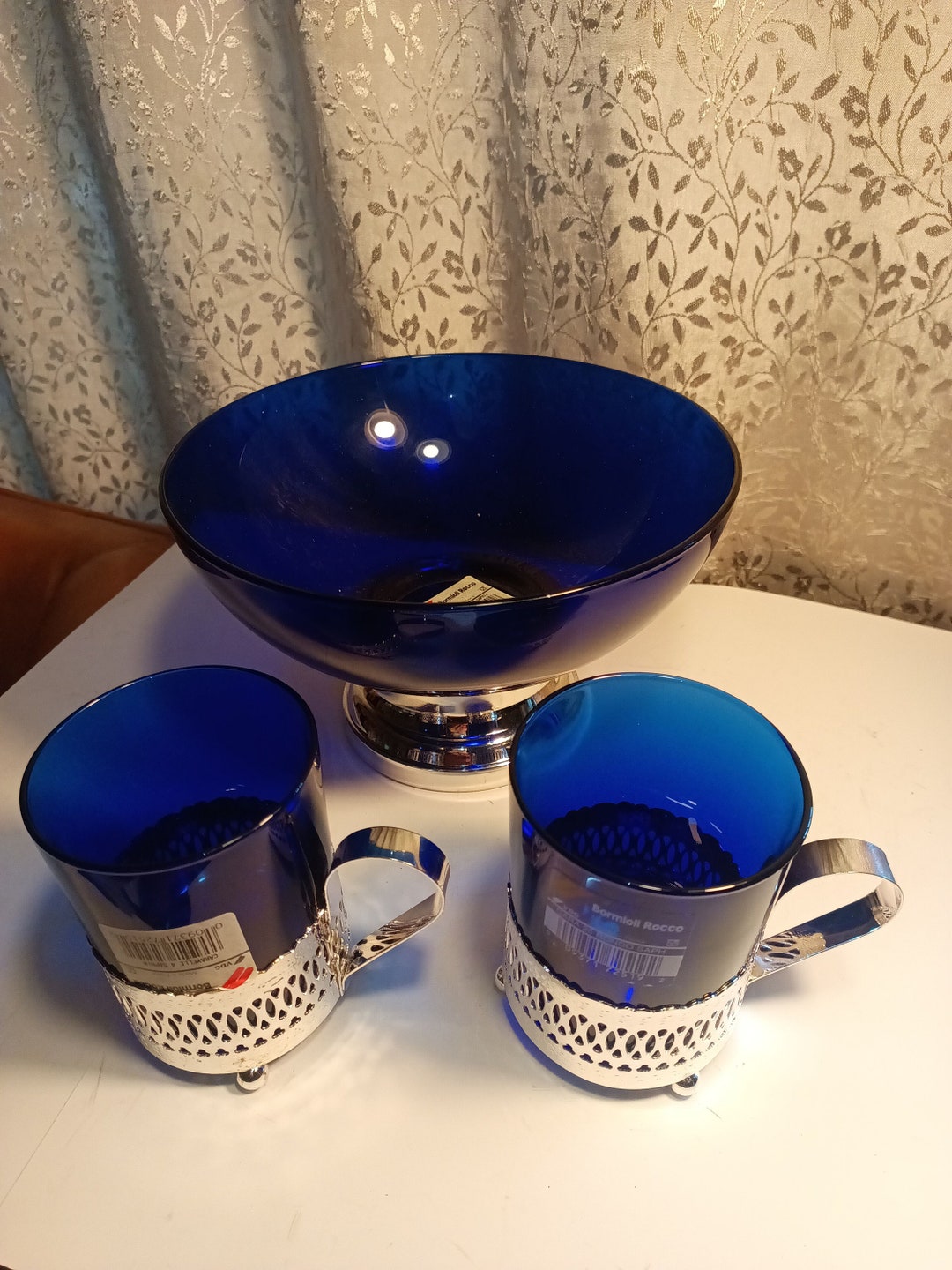 BORMIOLI ROCCO Cobalt Blue Round Glass on a Chrome Stand Bowl + 2 Glass ...