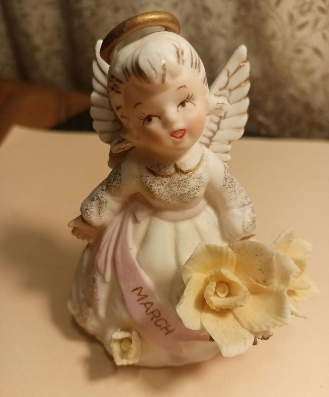 Lefton March Porcelain March Birthday Angel Figurine - Yellow Flowers ...