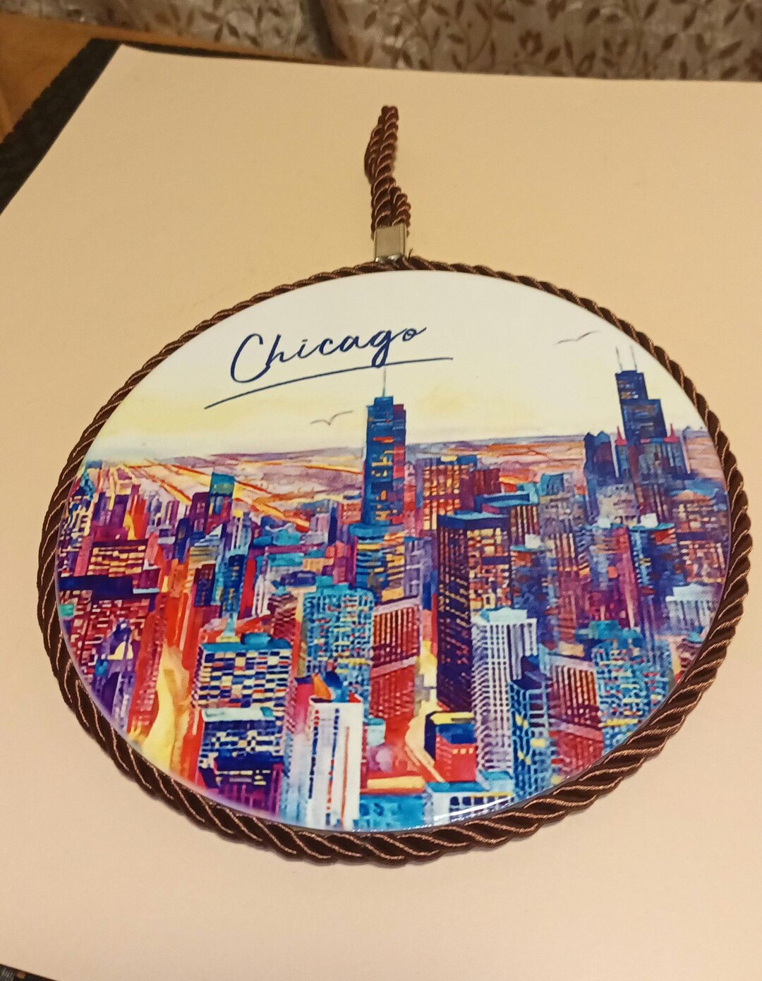 CHICAGO City Scene | Ceramic Rope Trim/cork Base | Round Hanging TRIVET ...