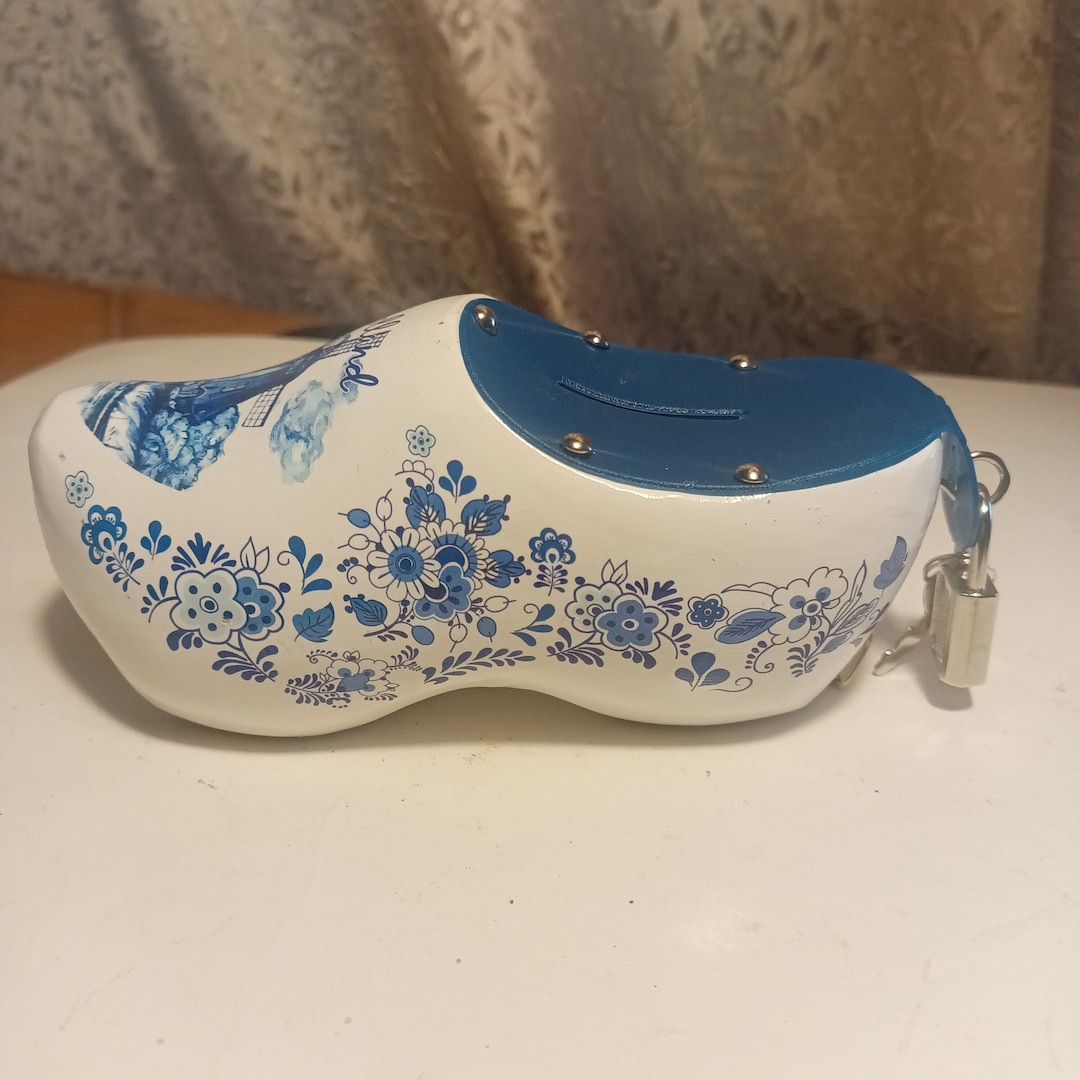 Hand Painted Dutch Shoe Piggy Bank – Cobalt Blue & White, Lock and Key ...