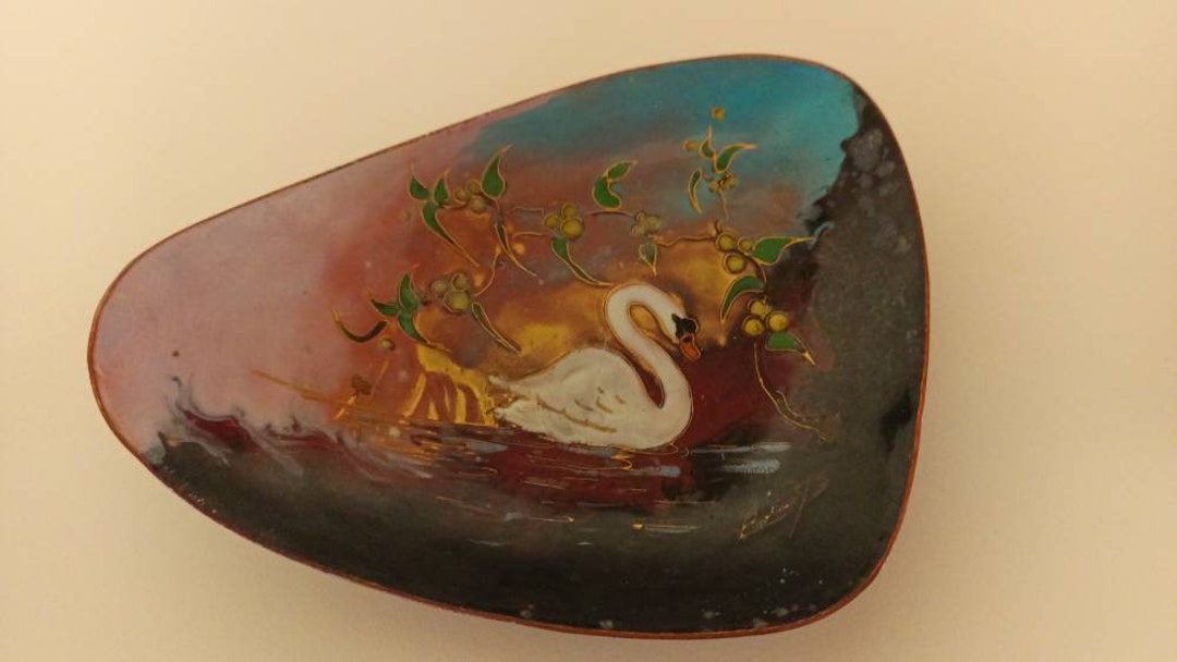Vintage Triangle Enameled (WITH SWAN on LAKE) Trinket Dish (made in ...