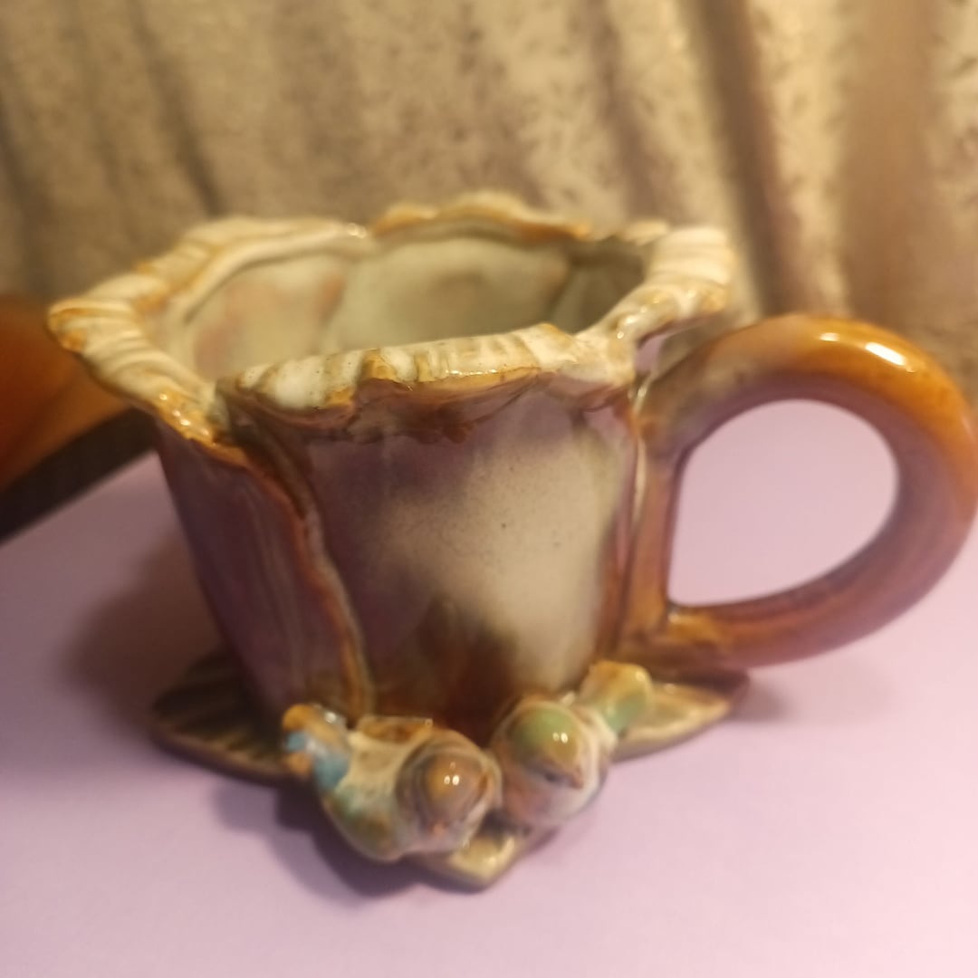 Flower Shape/pentagon Base - Art Pottery Teacup Planter With LOVEBIRDS ...