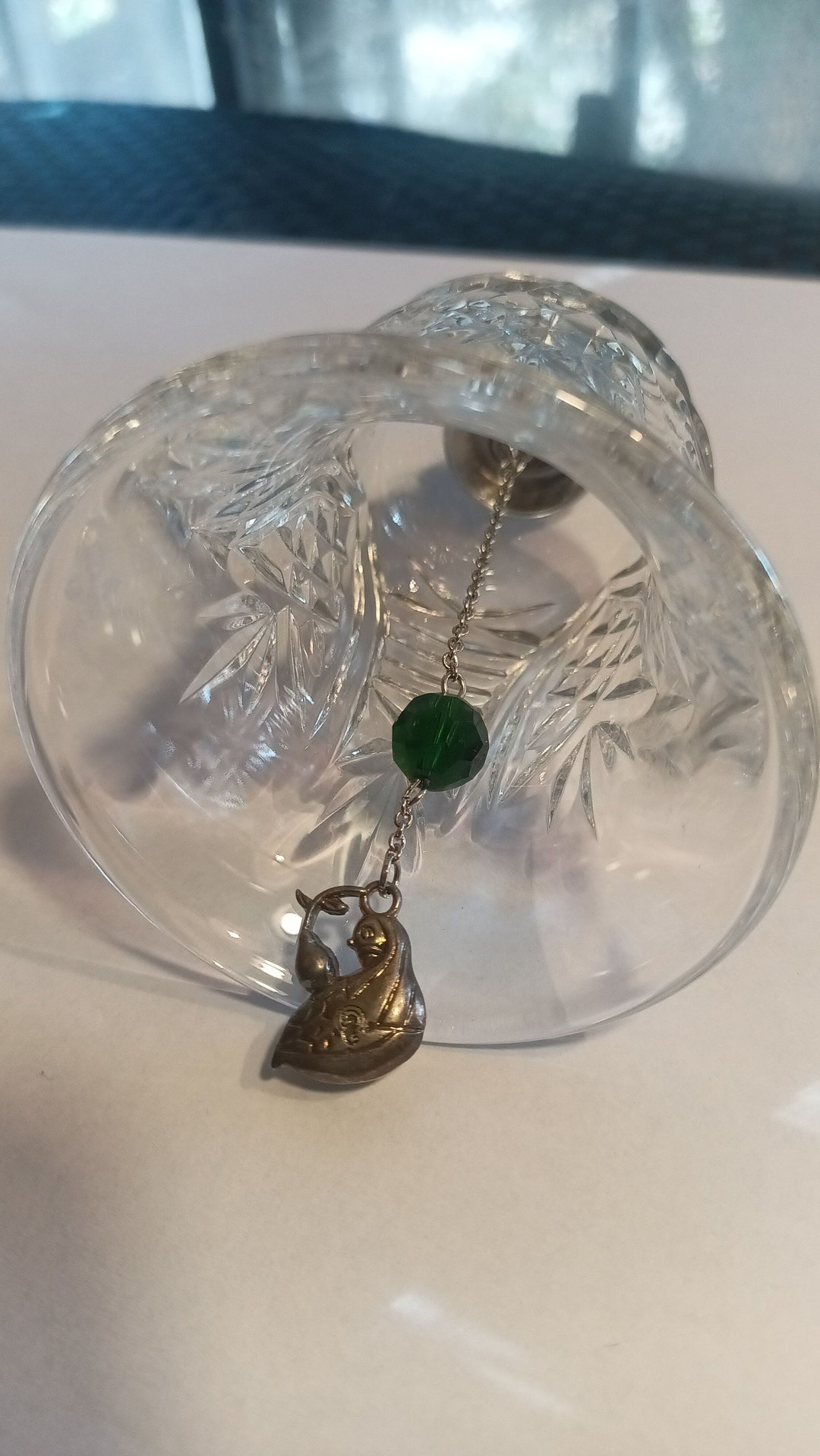 Clear Cut Glass Crystal Bell/silver Tone Handle/green Rhinestone/charm ...