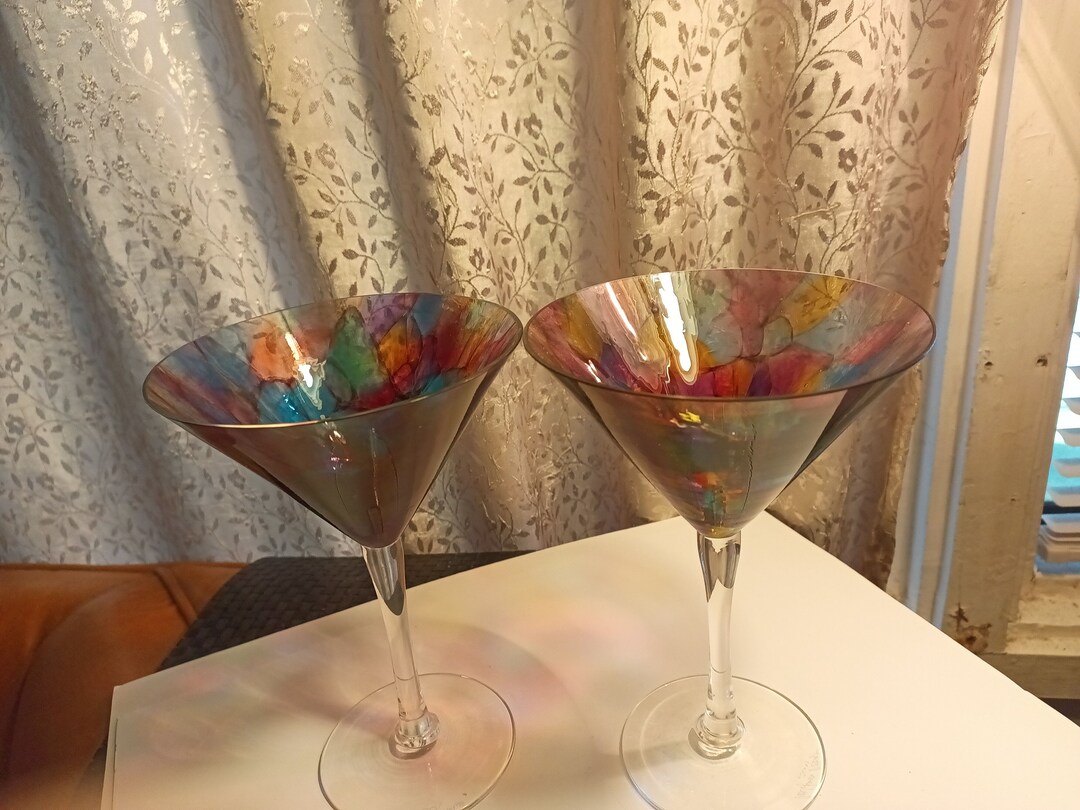 2001 THE GLASS Forge Multicolor Long Stem/hand Blown 2 Martini Glasses ...