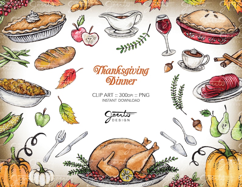 Thanksgiving Dinner Clip Art Set Turkey Pumpkins Acorns | Etsy