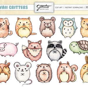 Kawaii Cute Critters Clipart Set, Deer, Fox, Owl, Squirrel, Raccoon ...
