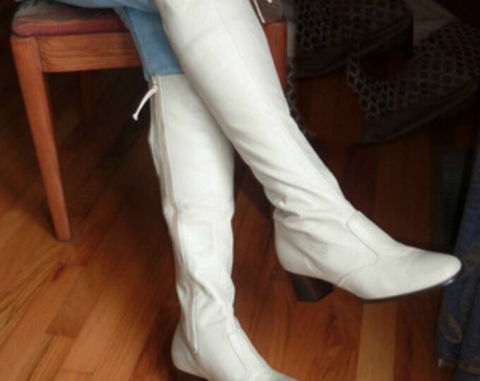 1970's Vintage "cobbies" Cream Leather Knee High Boots. Size 9 MINT ...