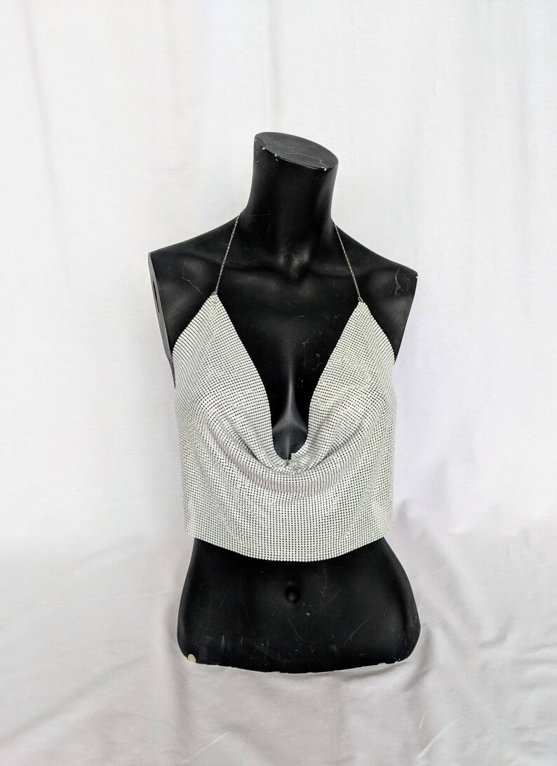 White Metallic Mesh Disco Glam Halter Crop Top W Chain Strap - Etsy