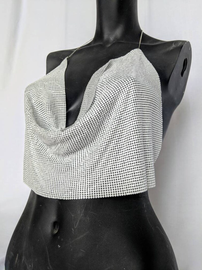 White Metallic Mesh Disco Glam Halter Crop Top W Chain Strap - Etsy