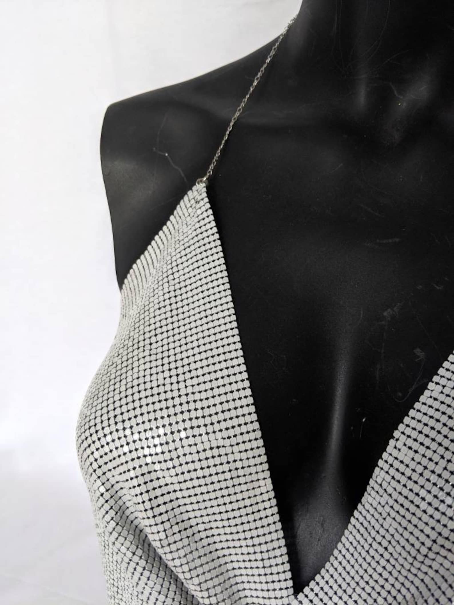 White Metallic Mesh Disco Glam Halter Crop Top W Chain Strap - Etsy