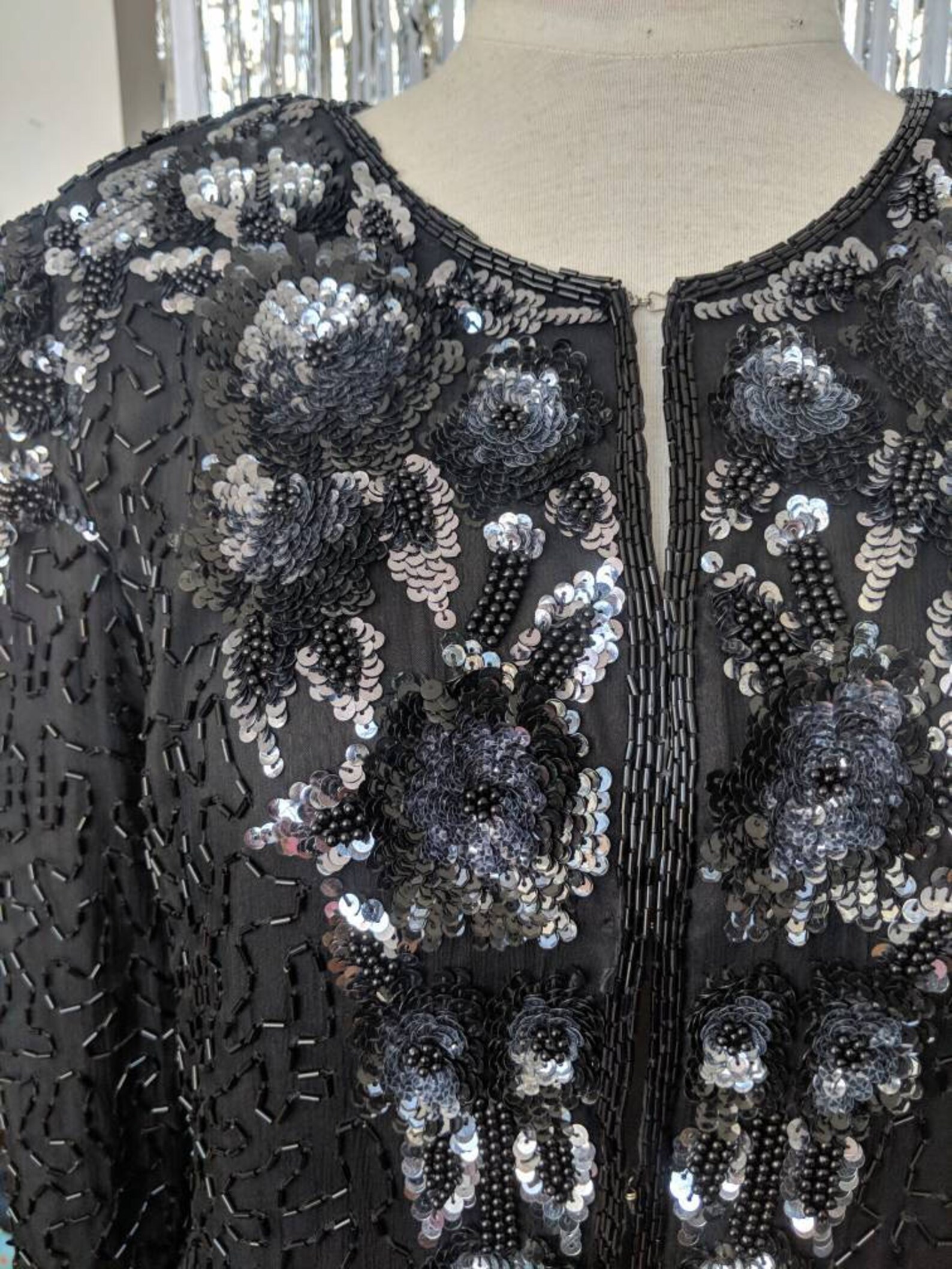 Black and Silver Jacket Sequined and Beaded Floral Pattern - Etsy