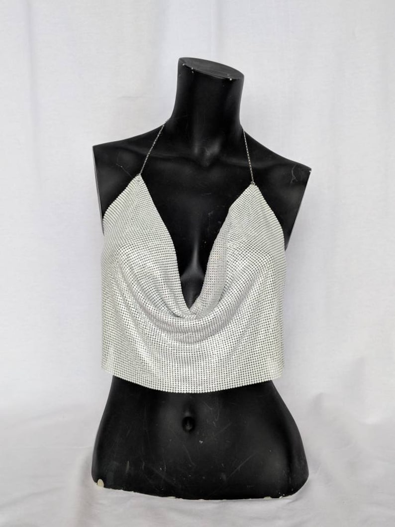 White Metallic Mesh Disco Glam Halter Crop Top W Chain Strap - Etsy