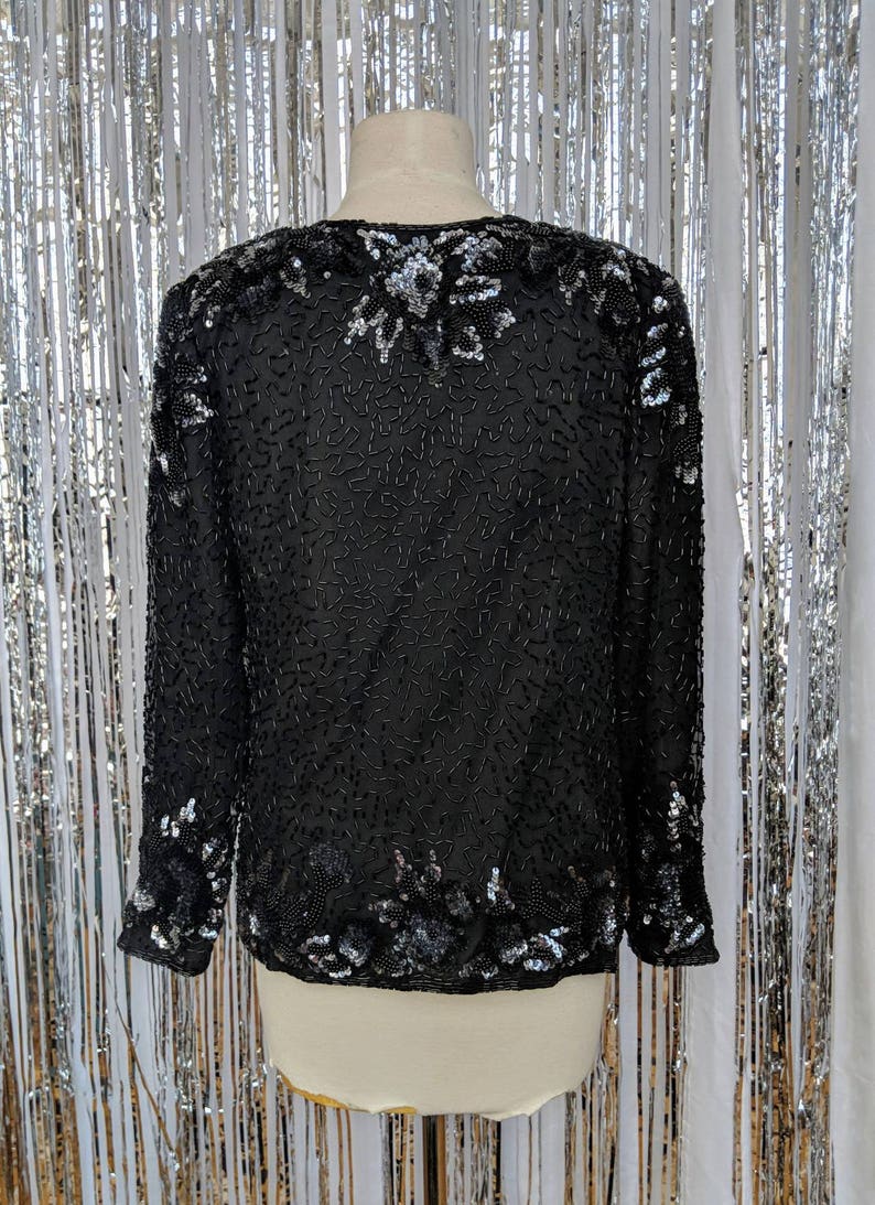 Black and Silver Jacket Sequined and Beaded Floral Pattern - Etsy