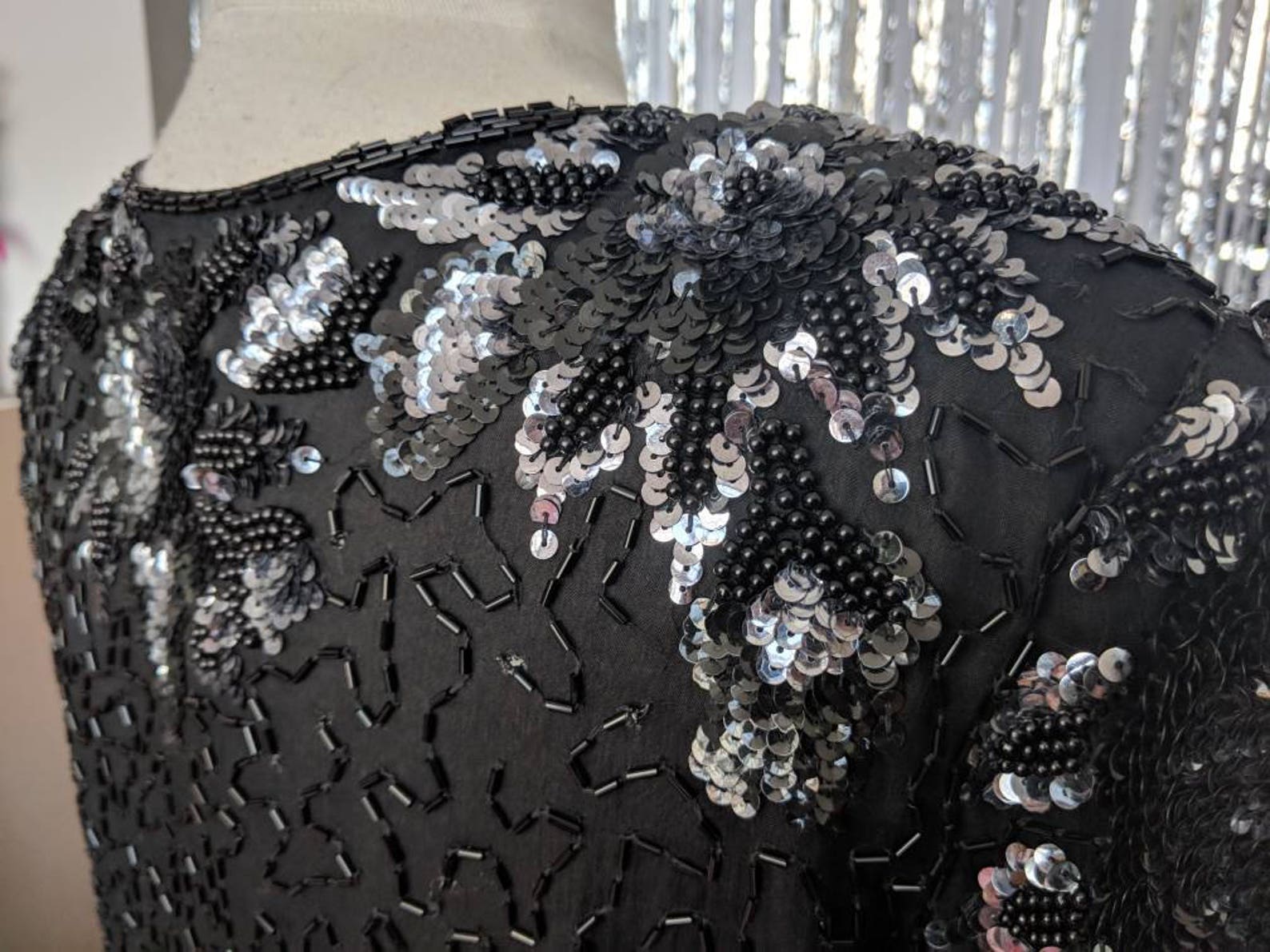 Black and Silver Jacket Sequined and Beaded Floral Pattern - Etsy