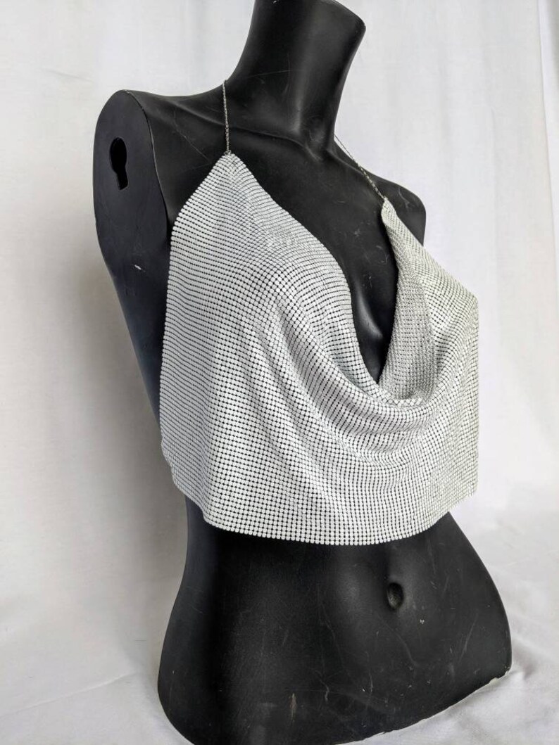 White Metallic Mesh Disco Glam Halter Crop Top W Chain Strap - Etsy
