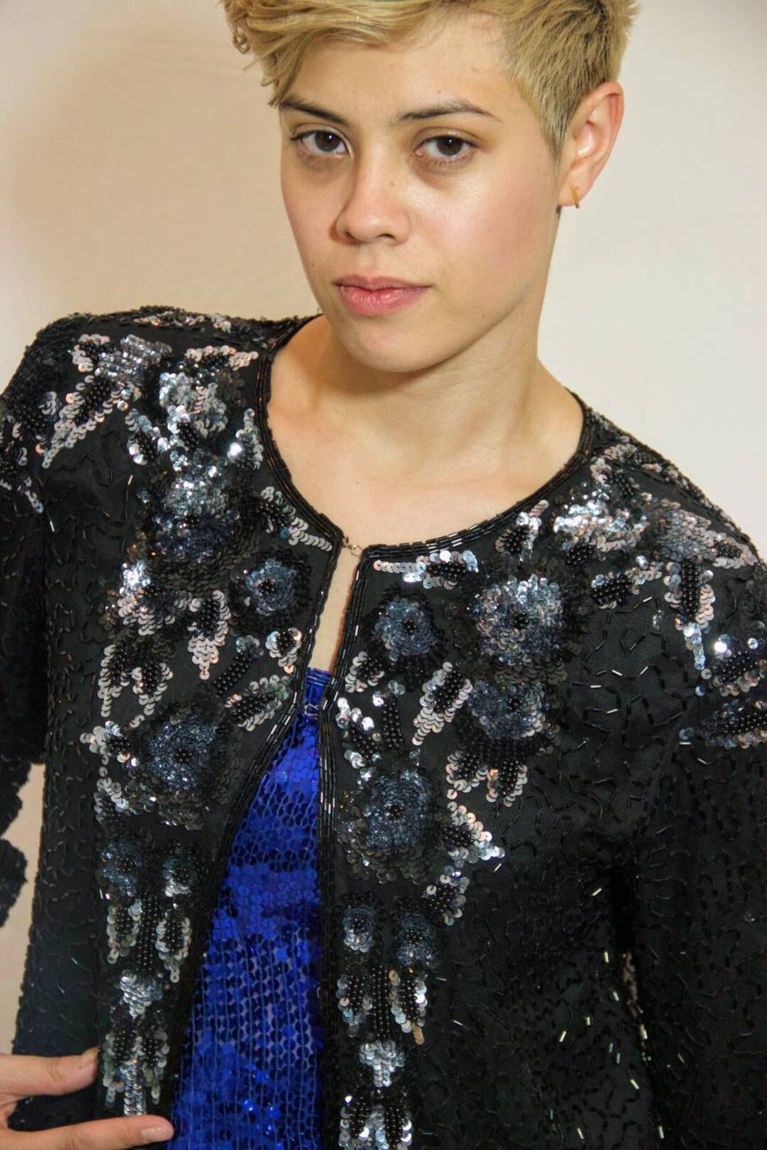 Black and Silver Jacket Sequined and Beaded Floral Pattern - Etsy